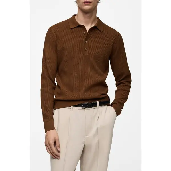 Mango Rib Long Sleeve Polo - Coffee