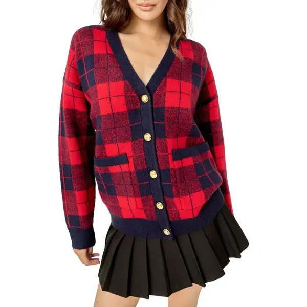 English Factory Oversized Check Cardigan - Burgundy