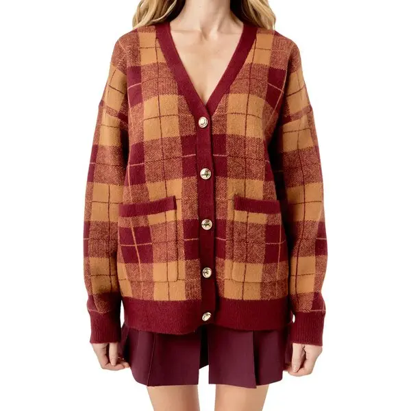 English Factory Oversized Check Cardigan - Burgundy/camel