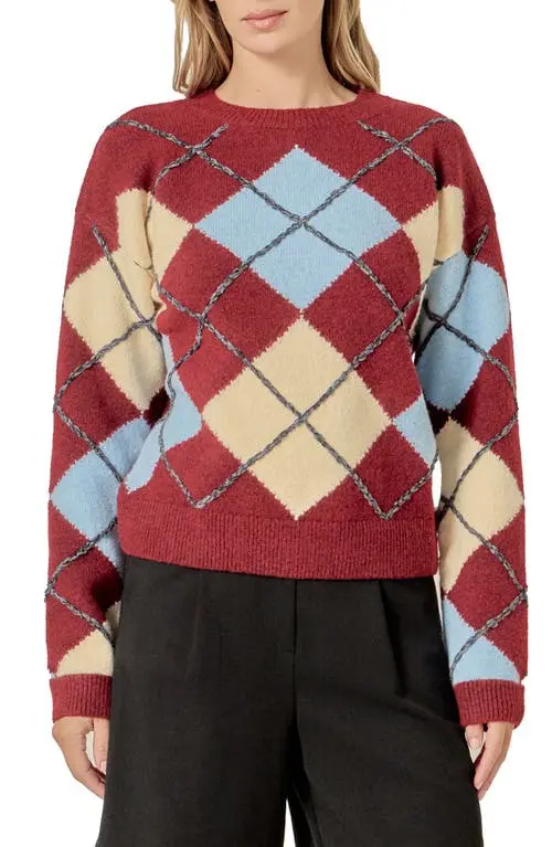 English Factory Argyle Knit Sweater - Burgundy Multi