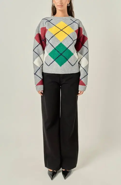 English Factory Argyle Knit Sweater - Light Grey Multi