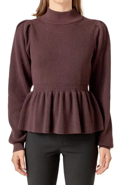 English Factory Mock Neck Peplum Ribbed Sweater - Chocolate Brown