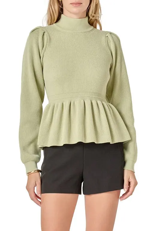 English Factory Mock Neck Peplum Ribbed Sweater - Sage