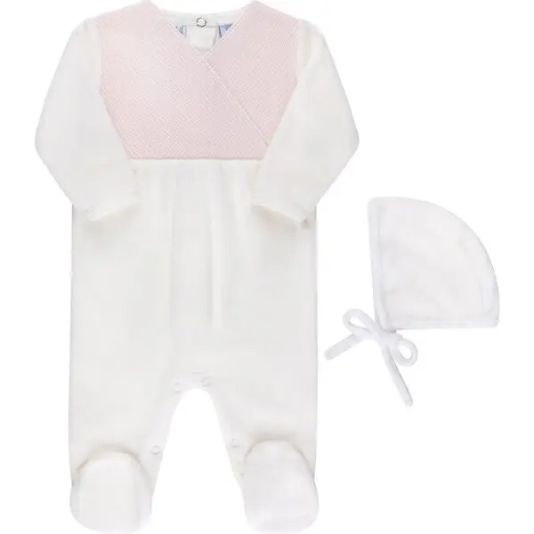 FELTMAN BROTHERS Faux Wrap Cotton Blend Velour Footie & Hat Set - Ivory/pink