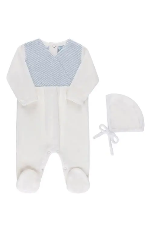 FELTMAN BROTHERS Faux Wrap Cotton Blend Velour Footie & Hat Set - Ivory/blue