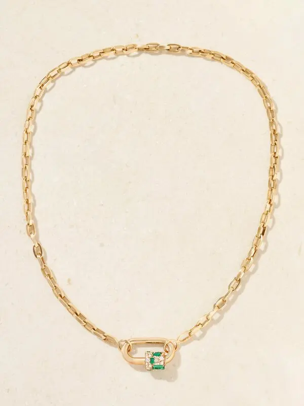 MARLA AARON Lock 14-karat Diamond And Emerald Necklace - Gold