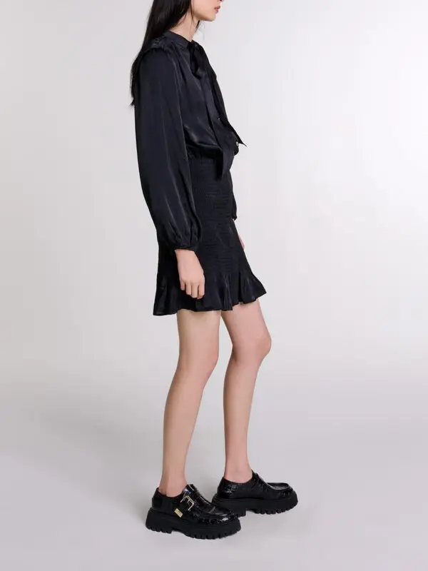 Maje Short Smocked Dress With Pussy Bow Collar