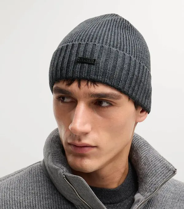 BOSS Virgin Wool Logo Beanie - Grey