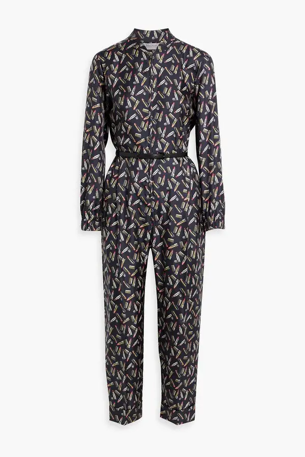 Max Mara Cropped Printed Silk-twill Jumpsuit - Navy