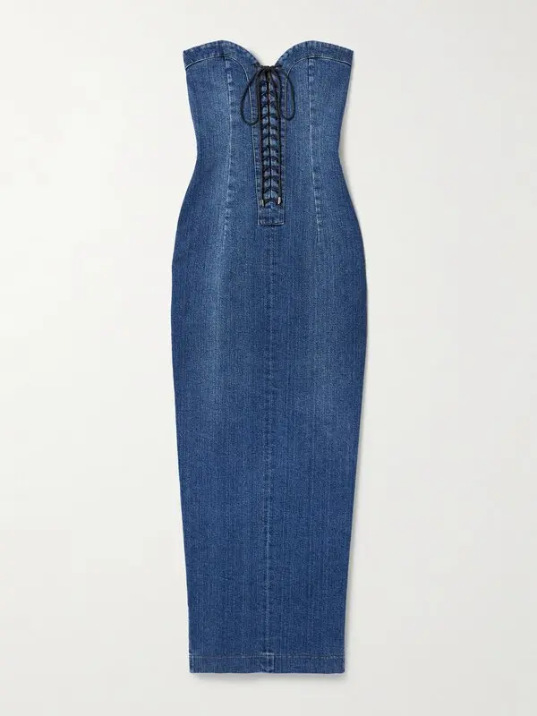 Monot Strapless Lace-Up Denim Maxi Dress In Blue - 70% Off | Editorialist