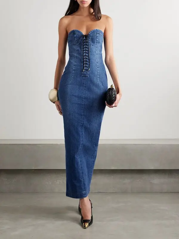 chinese dress ladies Ruffle Tube Strapless Denim Maxi Dress S / S3477 main image 1