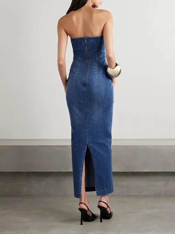 Monot Strapless Lace-Up Denim Maxi Dress In Blue - 70% Off | Editorialist