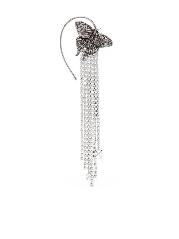 Off-White Butterfly Motif Ear Cuff With Crystal Embellishments - Silver