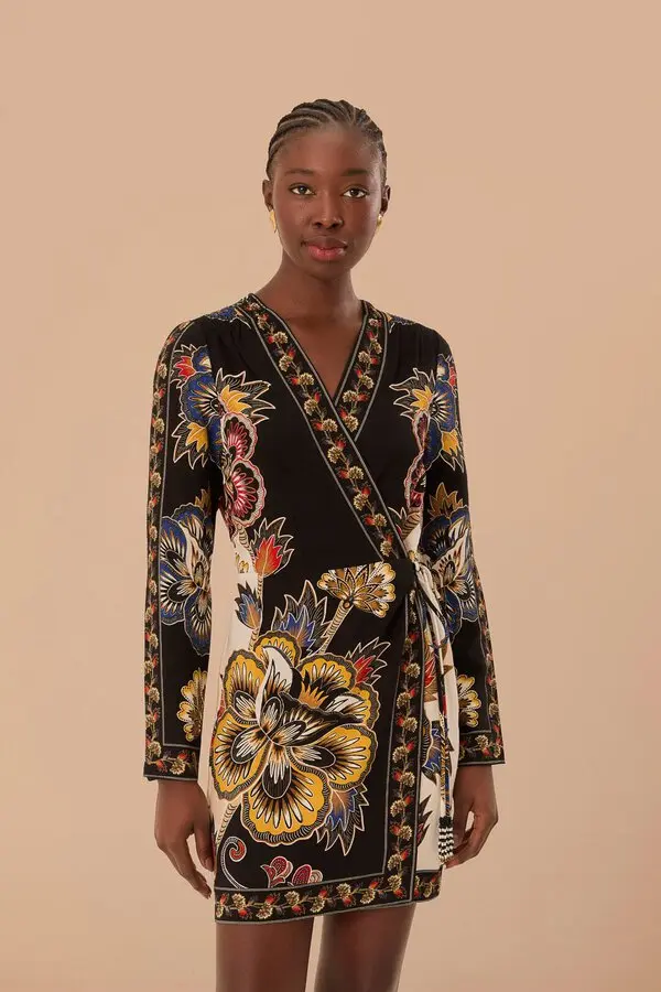Farm Rio Floral Lenzing Ecovero Viscose Wrap Mini Dress - Maxi Floral Black  | Editorialist