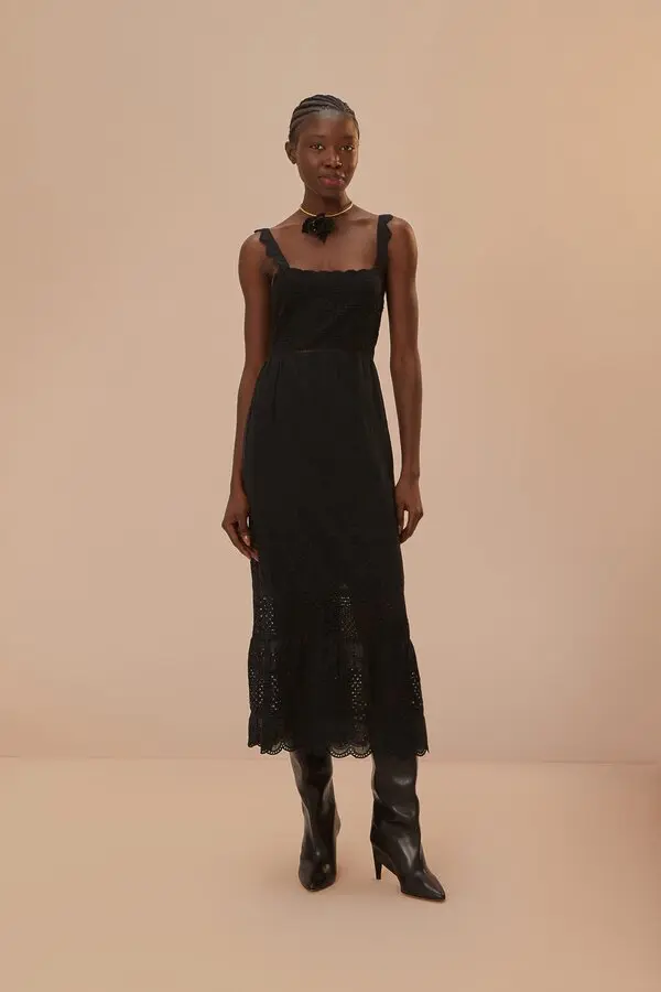 Farm Rio Lace Crochet Midi Dress - Black | Editorialist