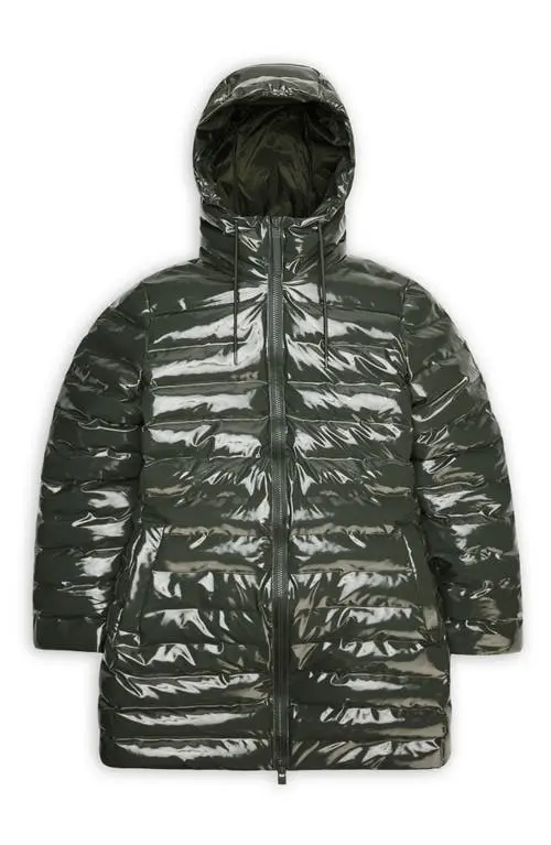 Rains Lohja Curve Waterproof Long Puffer Jacket - Swamp
