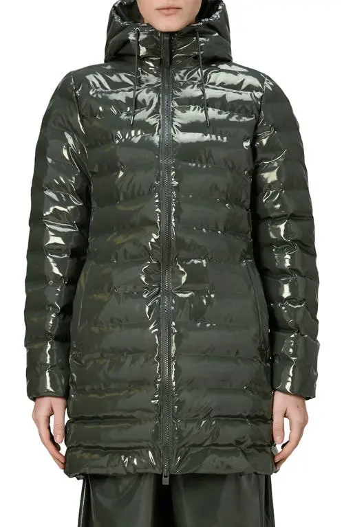 Rains Lohja Curve Waterproof Long Puffer Jacket - Swamp