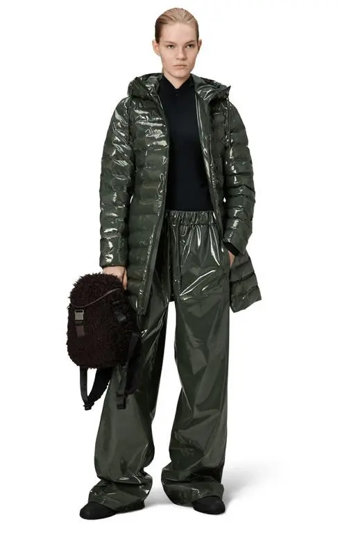 Rains Lohja Curve Waterproof Long Puffer Jacket - Swamp