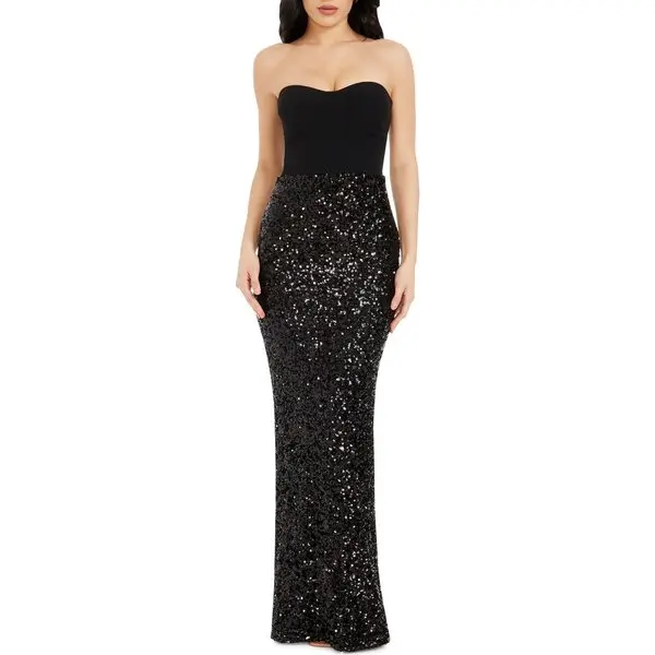 Dress The Population Vada Mixed Media Gown - Black