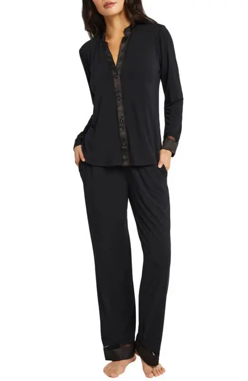 Fleur't Tuxedo Satin Trim Pajamas - Black