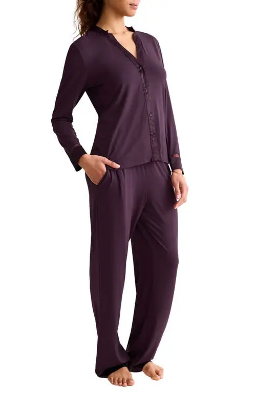 Fleur't Tuxedo Satin Trim Pajamas - Vino
