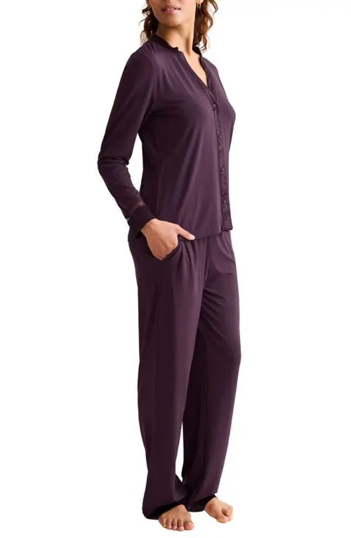 Fleur't Tuxedo Satin Trim Pajamas - Vino