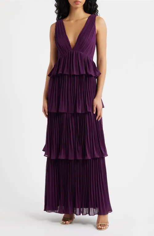 Lulus Tiered Pleated Gown - Eggplant