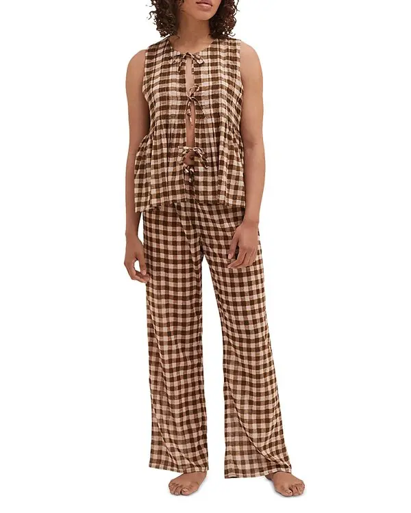 Desmond & Dempsey Pleated Cami Lounge Set - Gingham Brown Cream