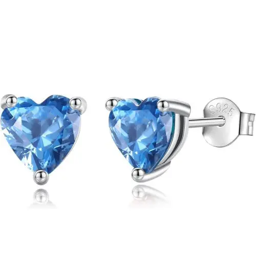 DONATELLO GIAN Name' Solid Sterling Silver Created Gemstone Heart Stud Earrings - Light Blue Topaz