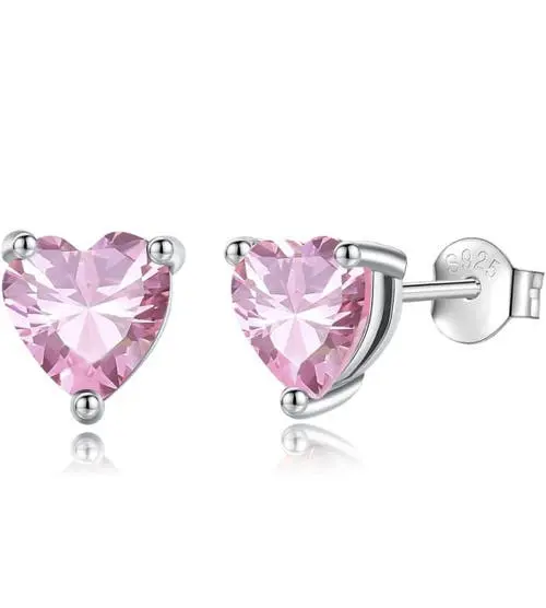 DONATELLO GIAN Name' Solid Sterling Silver Created Gemstone Heart Stud Earrings - Pink Saphire