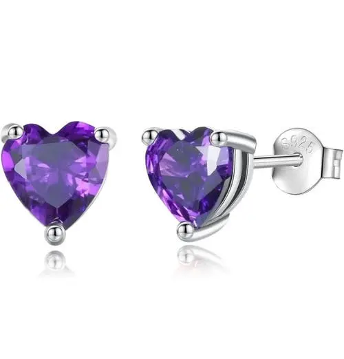 DONATELLO GIAN Name' Solid Sterling Silver Created Gemstone Heart Stud Earrings - Purple Amethyst