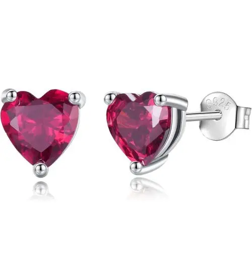 DONATELLO GIAN Name' Solid Sterling Silver Created Gemstone Heart Stud Earrings - Ruby