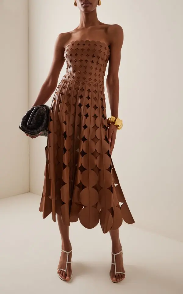 Oscar De La Renta Cutout Leather Midi Dress - Cognac | Editorialist