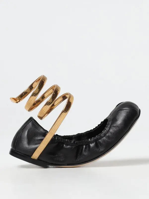 Rene Caovilla Leather Ballet Flats With Gold Tone Detailing - Black
