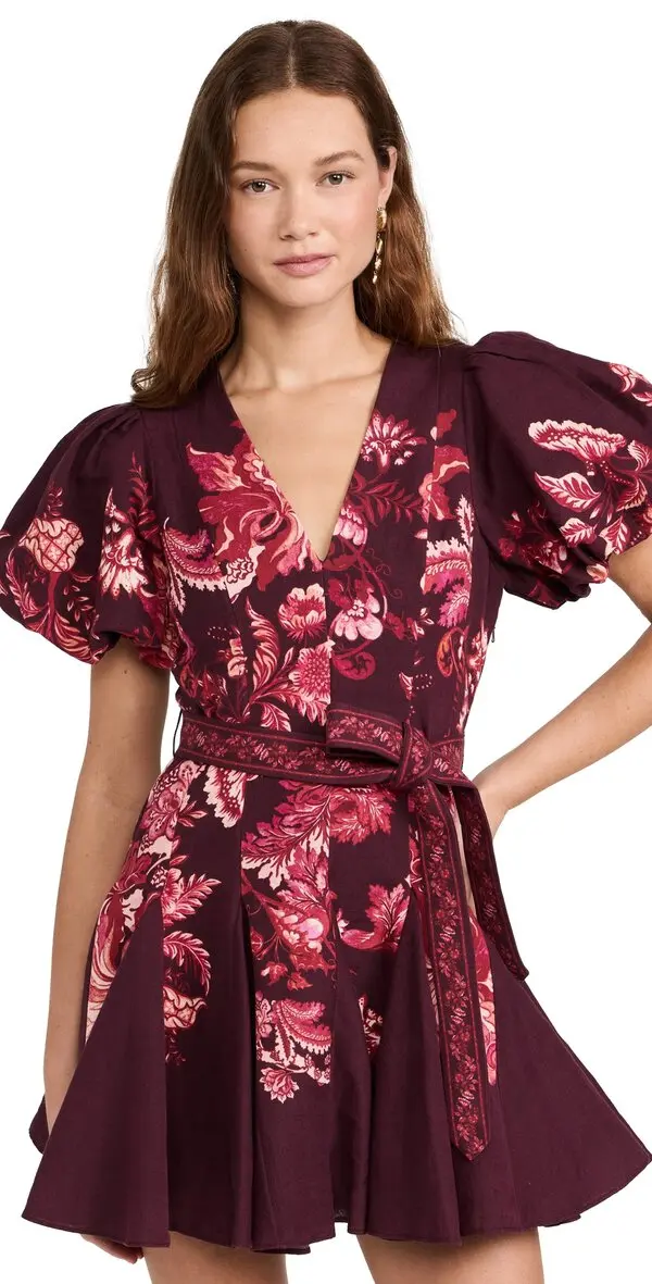 Hemant & Nandita Floral Print Mini Dress With Belt In Red Beige - 40% Off |  Editorialist