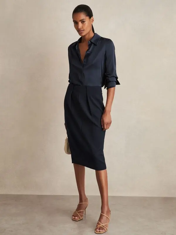 REISS Gabi Tailored Midi Suit Skirt - Navy