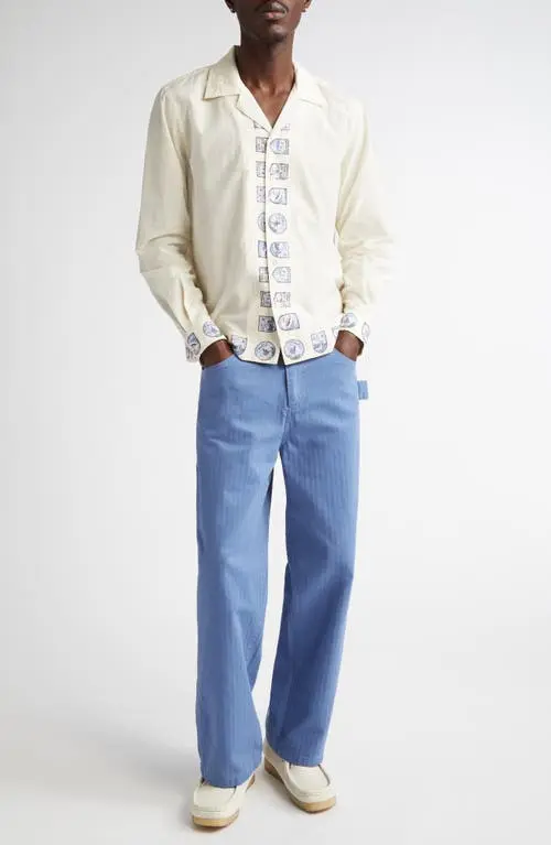 BODE Ski Season Long Sleeve Cotton & Silk Button-up Shirt - Ecru