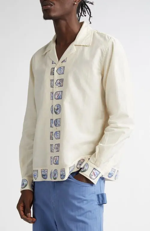 BODE Ski Season Long Sleeve Cotton & Silk Button-up Shirt - Ecru