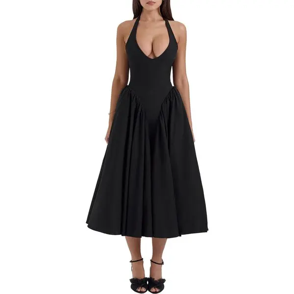 House Of Cb Marilyn Gingham Halter Midi Sundress - Black