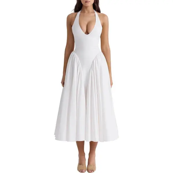 House Of Cb Marilyn Gingham Halter Midi Sundress - White