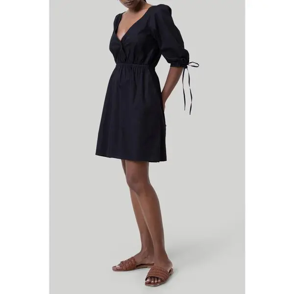 REISTOR Gathered Elbow Sleeve Dress With Puff Sleeves And Tie-up Back - Black