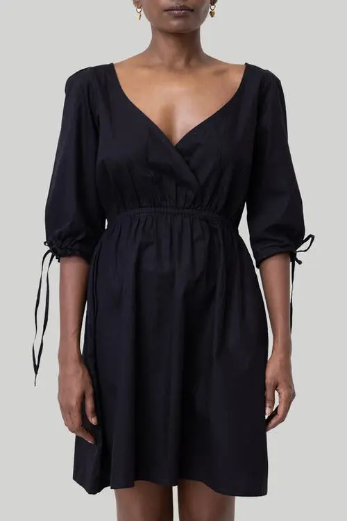 REISTOR Gathered Elbow Sleeve Dress With Puff Sleeves And Tie-up Back - Black