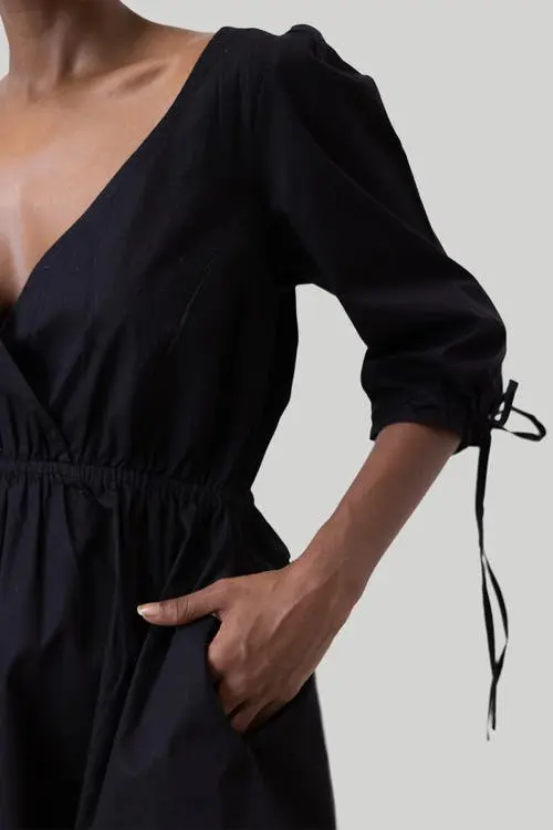 REISTOR Gathered Elbow Sleeve Dress With Puff Sleeves And Tie-up Back - Black