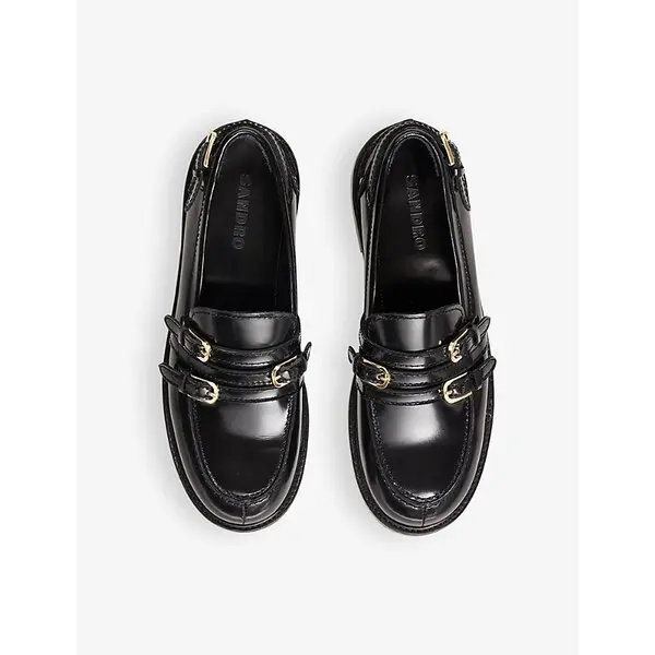 Sandro Buckle Polished Leather Loafers - Noir / Gris