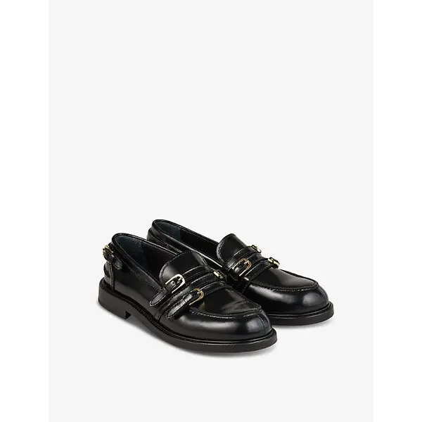 Sandro Buckle Polished Leather Loafers - Noir / Gris