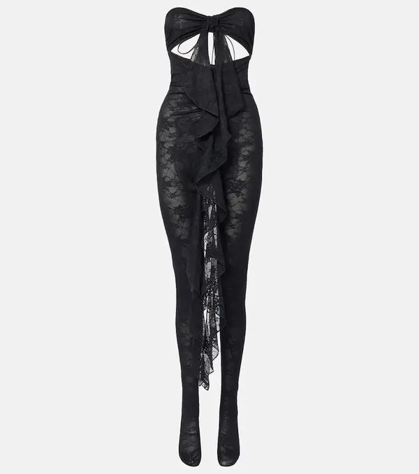 Oseree Ruffled Cutout Lace Catsuit - Black