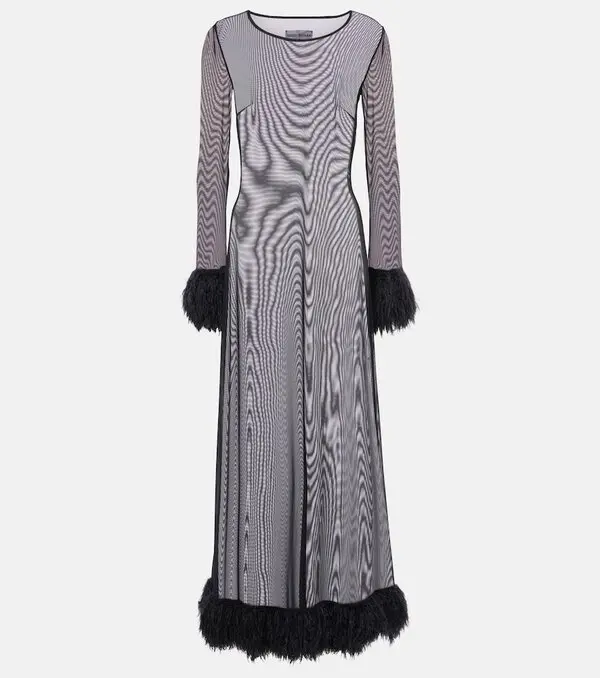 MARINE SERRE Faux Feather-trimmed Mesh Maxi Dress - Black