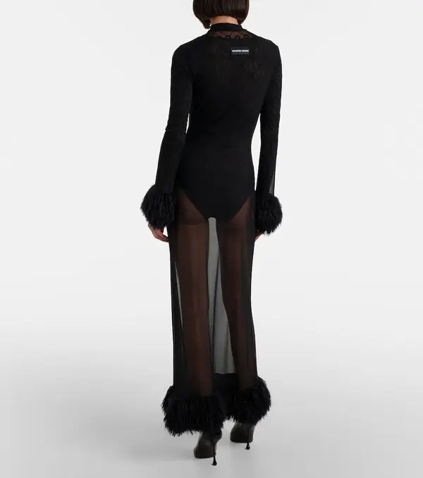 MARINE SERRE Faux Feather-trimmed Mesh Maxi Dress