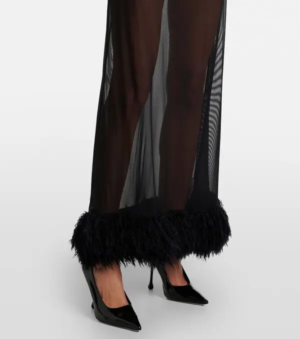 MARINE SERRE Faux Feather-trimmed Mesh Maxi Dress