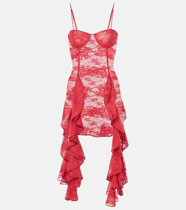 Oseree Ruffled Lace Bustier Dress - Red